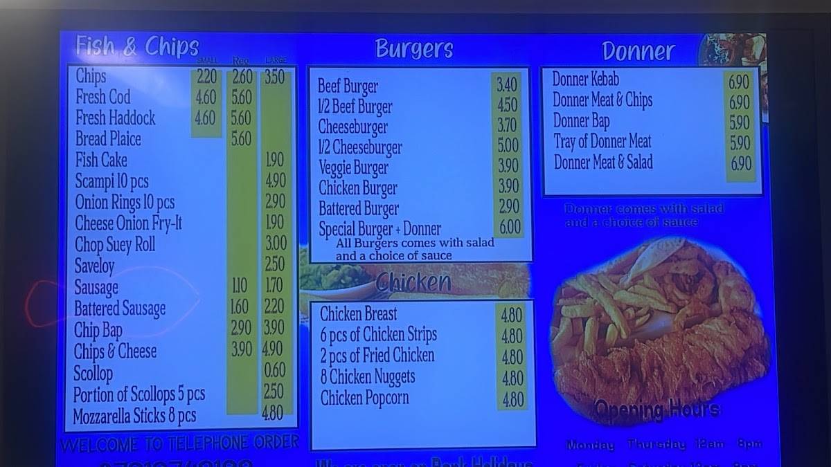 Menu at Crispy cod fast food, Kinmel Bay, Llysfaen Ave