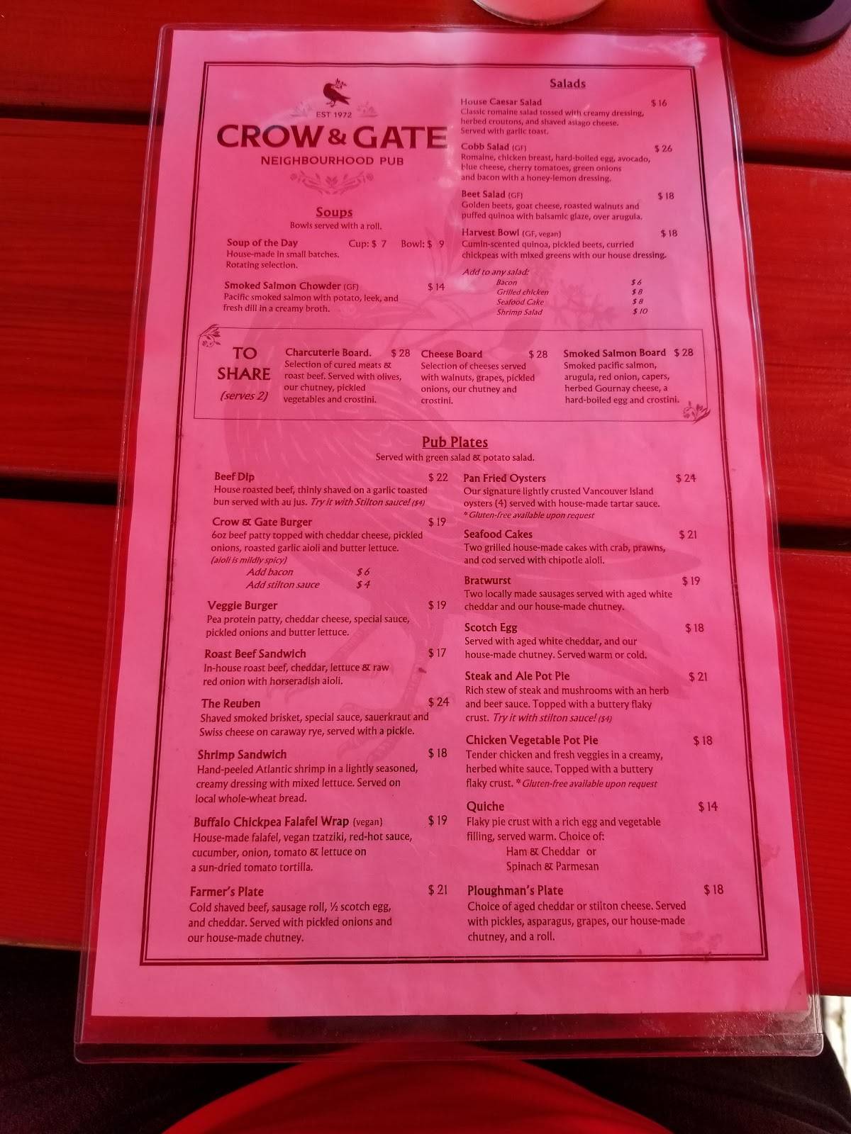 Menu at Crow & Gate Pub, Nanaimo