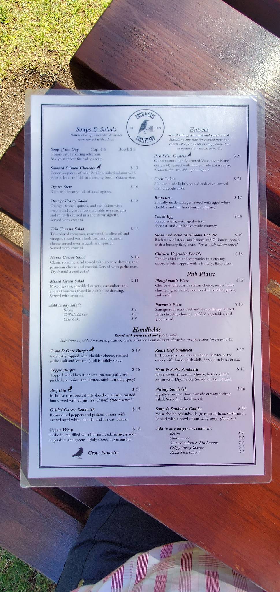 Menu at Crow & Gate Pub, Nanaimo