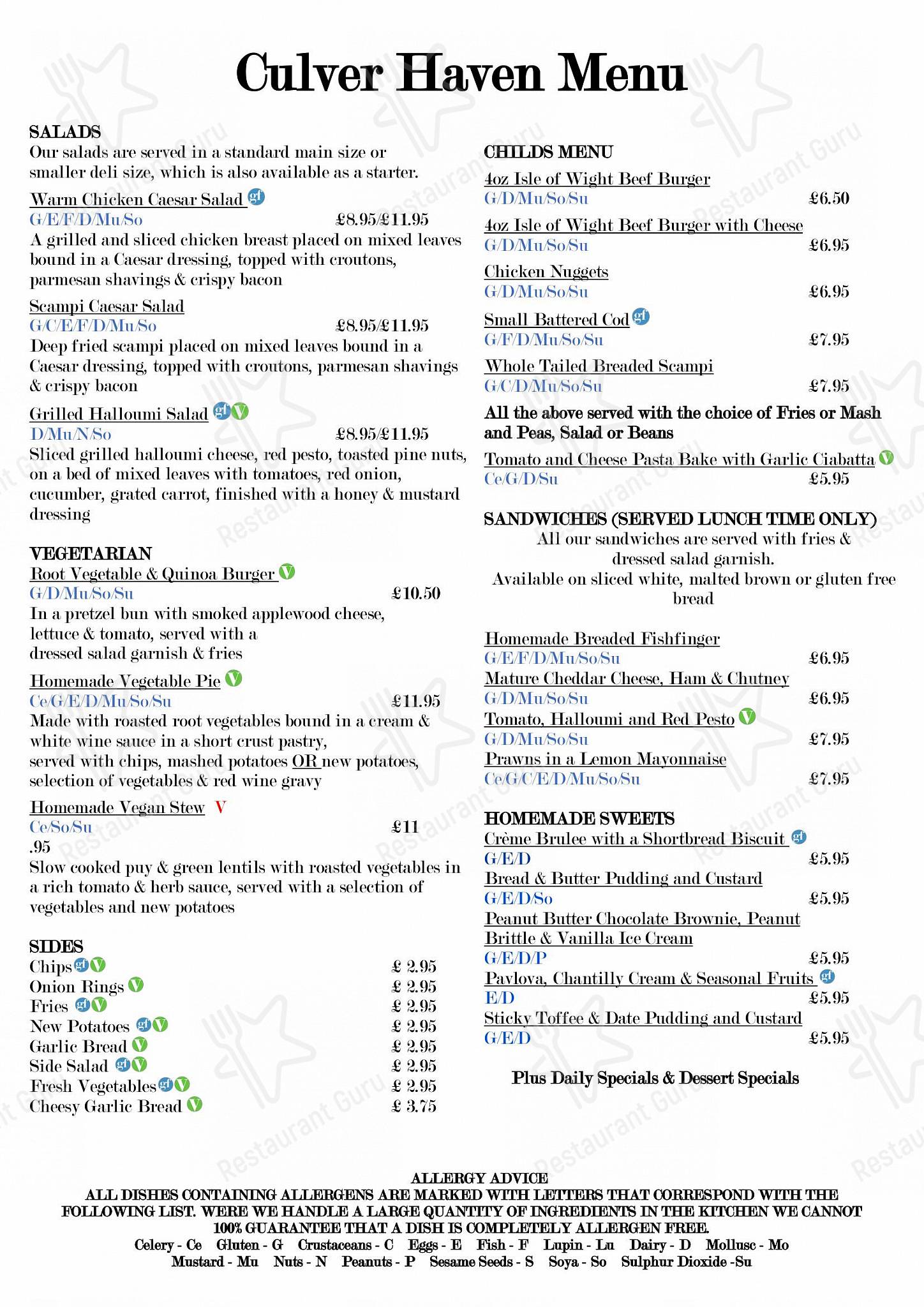 Menu at The Culver Haven Inn pub & bar, Yaverland