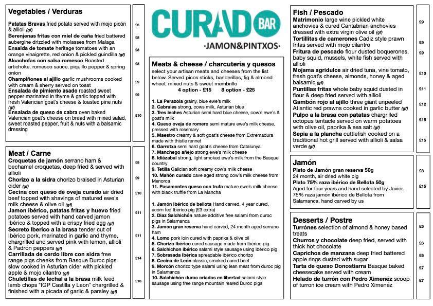 Menu at Curado Bar, Cardiff