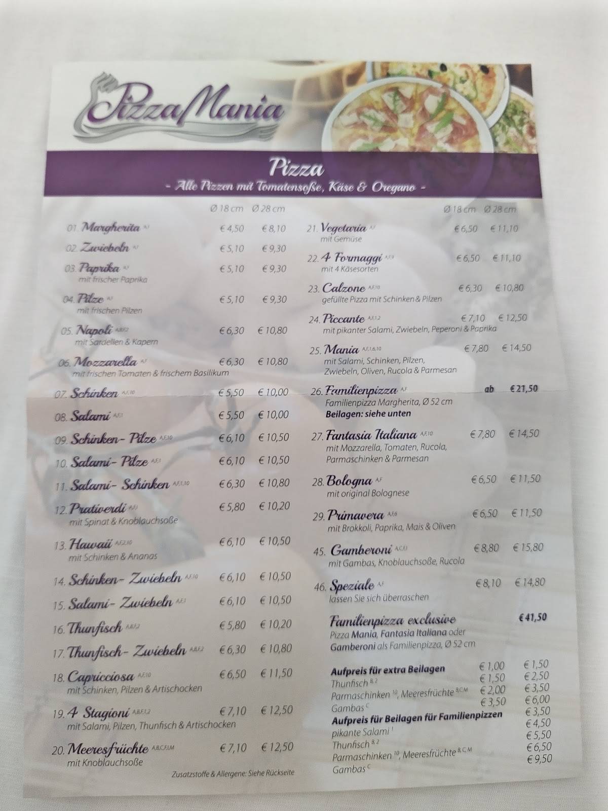 Speisekarte von Pizza Mania, Cuxhaven