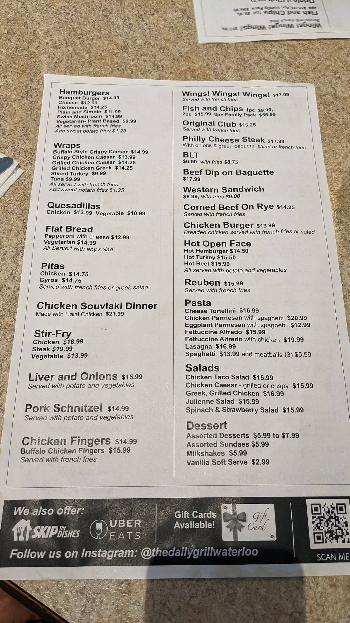 Menu at Daily Grill Restaurant, Waterloo