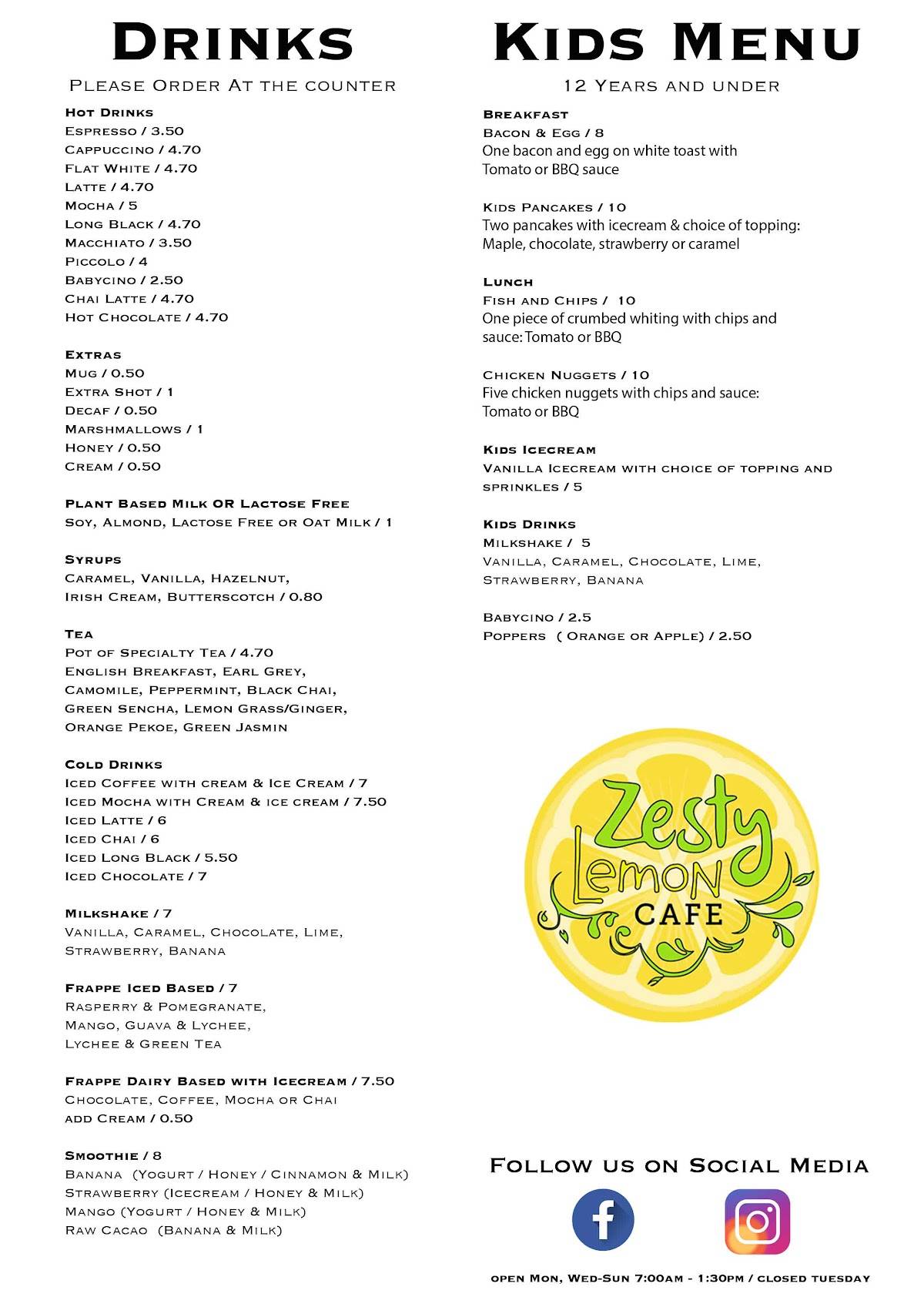 Menu at Zesty Lemon Cafe, Deception Bay