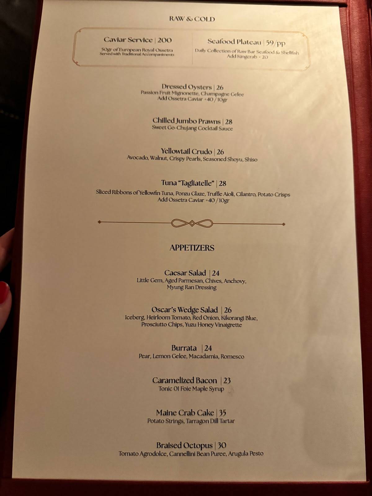 Menu at Delmonico's steakhouse, New York City
