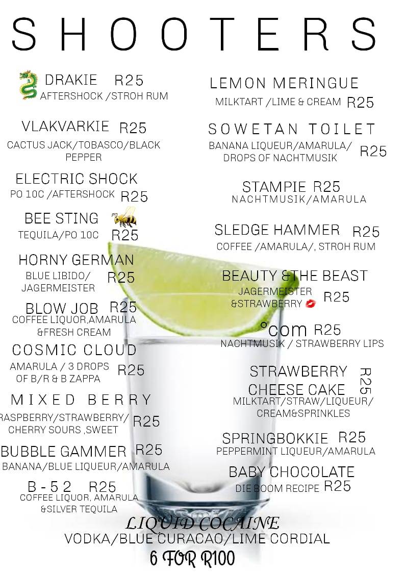 Menu at Die Boom restaurant, Pretoria