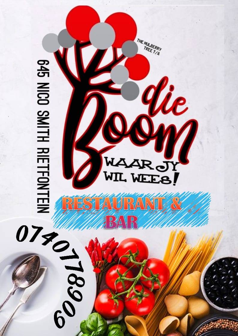 Menu at Die Boom restaurant, Pretoria