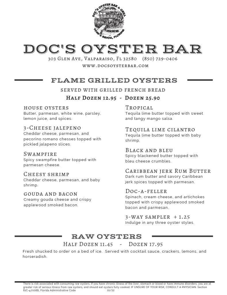 Menu at Doc's Oyster Bar, Valparaiso