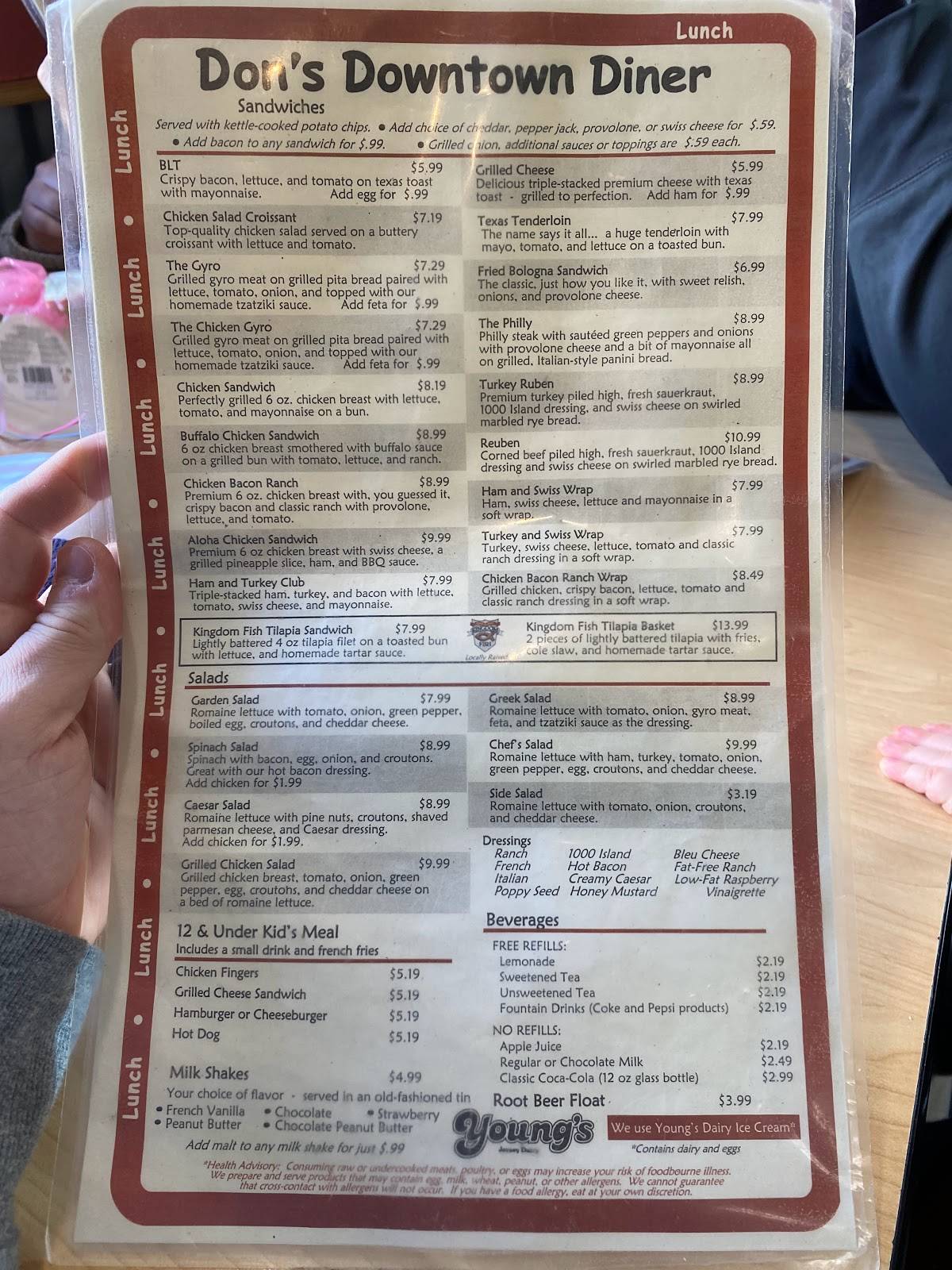 Menu at Don's Downtown Diner restaurant, Bellefontaine