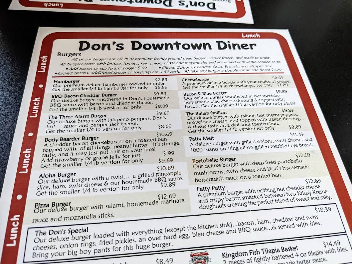 Menu at Don's Downtown Diner restaurant, Bellefontaine