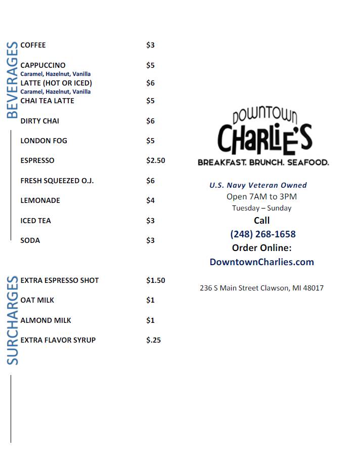 Menu at Downtown Charlie's restaurant, Clawson