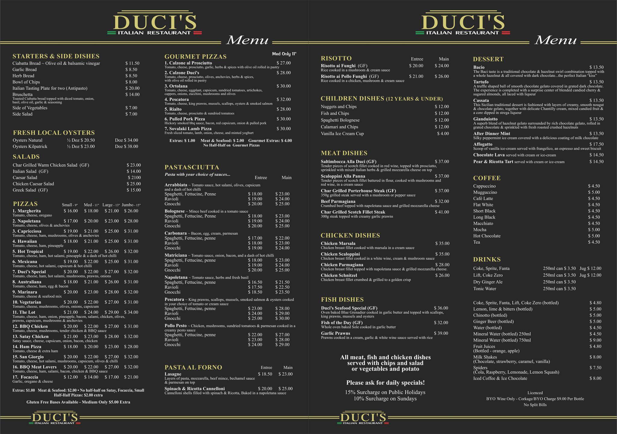 Menu at Duci's Italian Restaurant, Merimbula