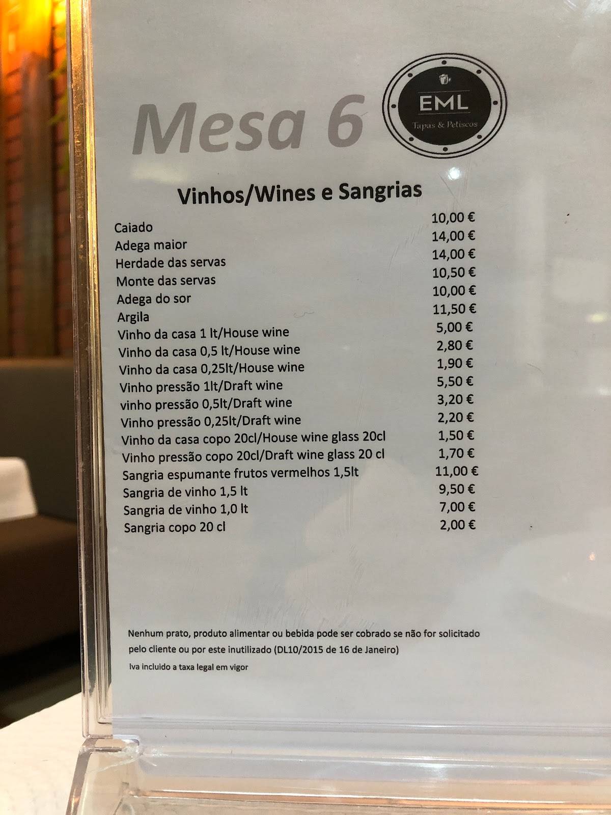 Menu em EML - Tapas & Petiscos restaurante, Ponte de Sor