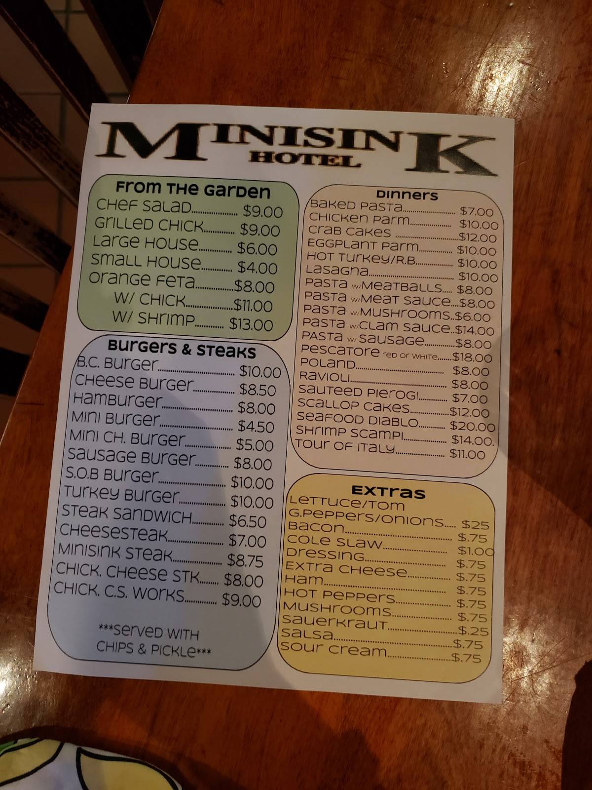 Menu at Minisink Hotel pub & bar, Minisink Hills