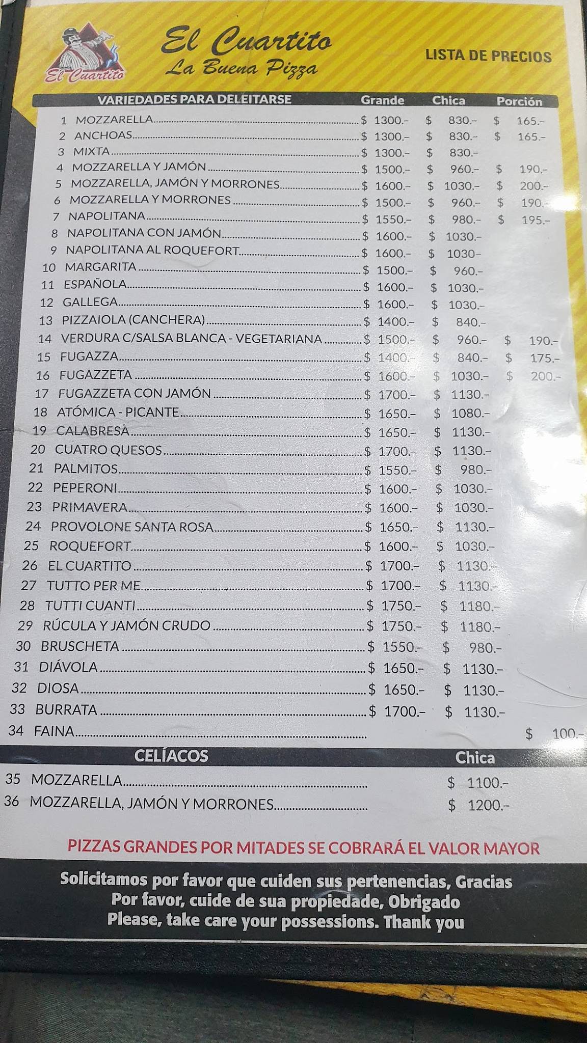 Carta de pizzería El Cuartito, Buenos Aires, Talcahuano 937