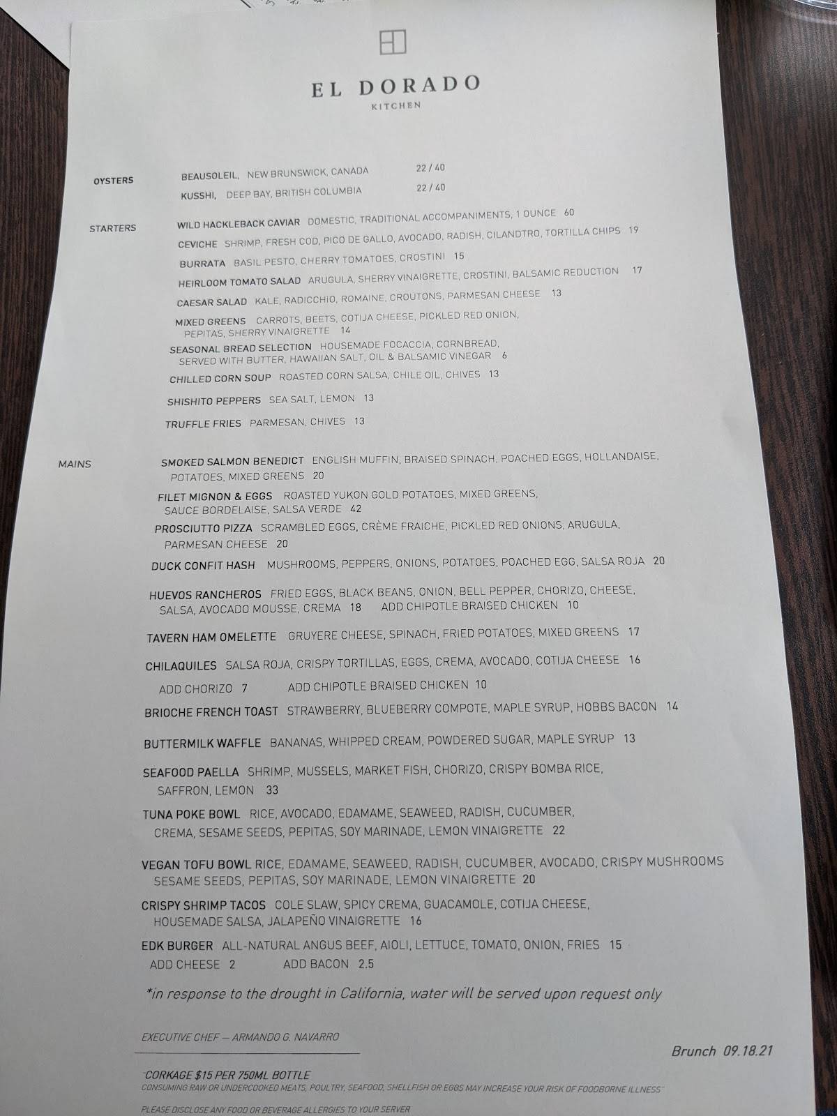 Menu at El Dorado Kitchen restaurant, Sonoma