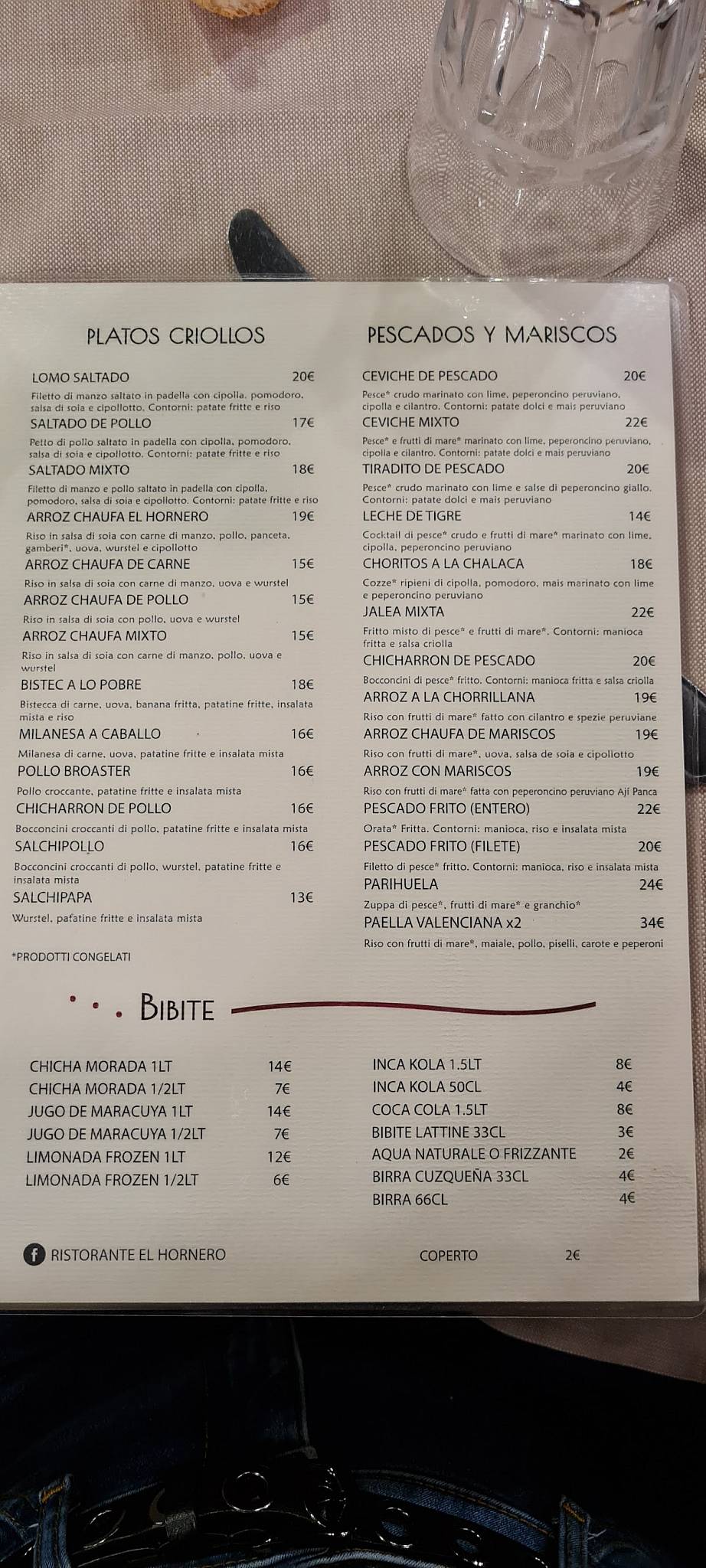 Carta de parrilla El Hornero, Milan, Piazza Monte Titano