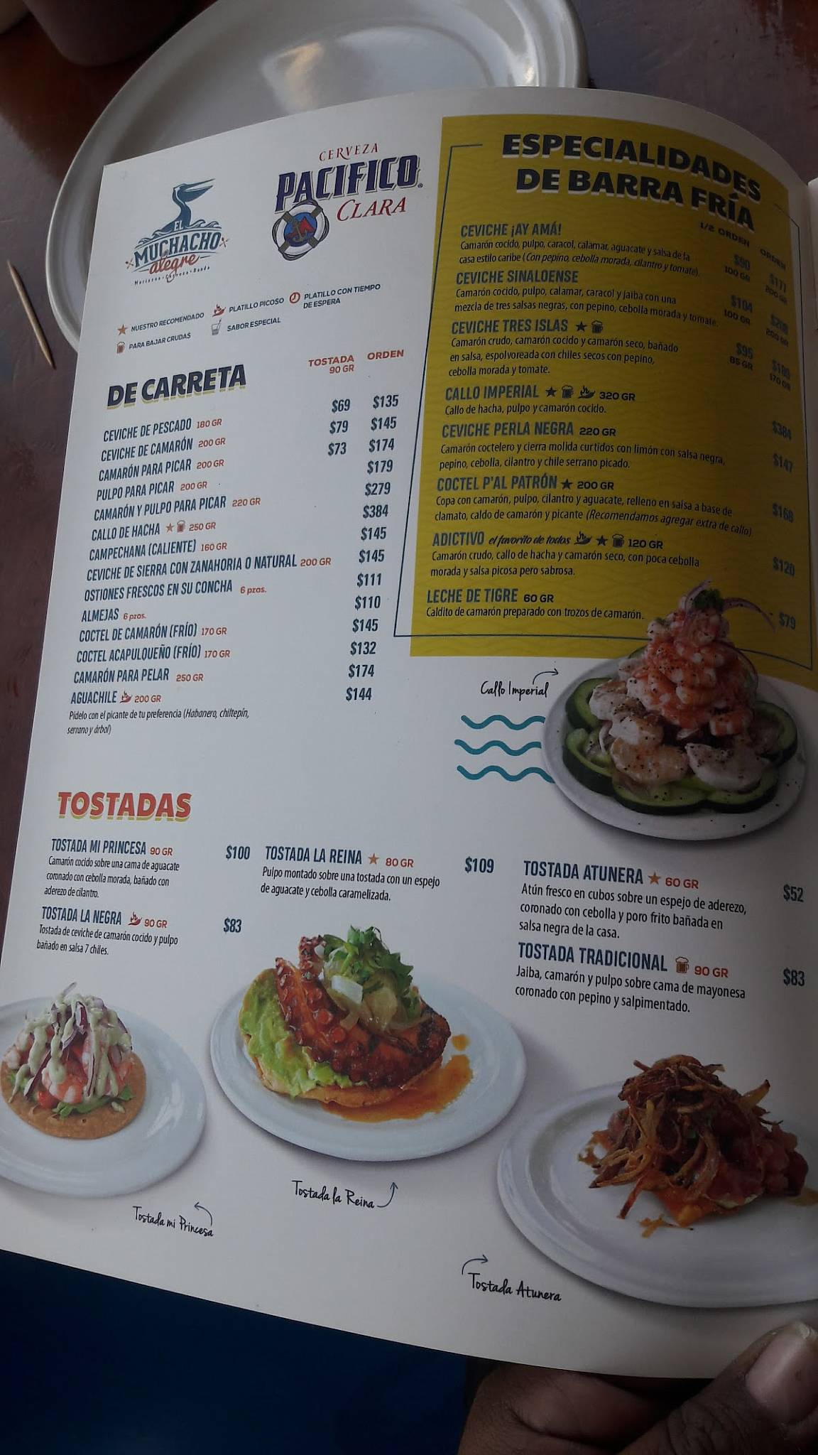 Carta del restaurante El Muchacho Alegre, Mazatlán, P.º Claussen 46-C