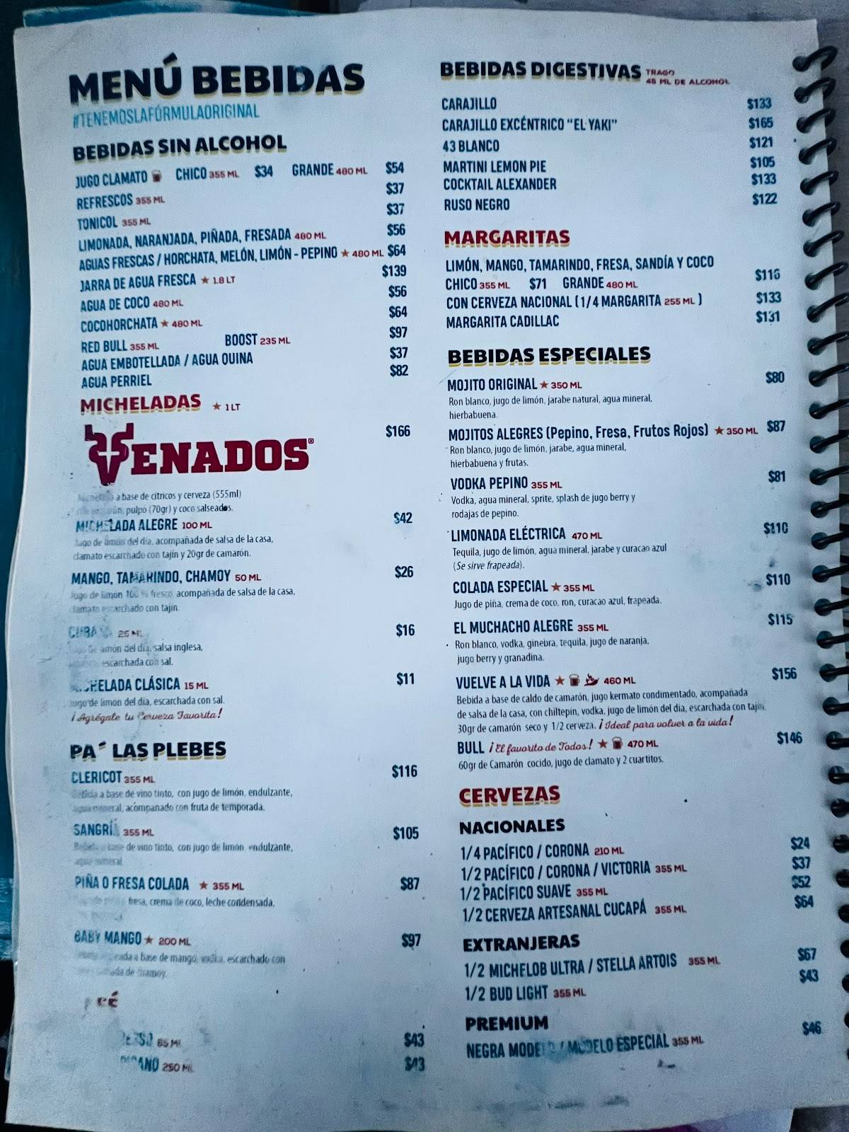 Carta del restaurante El Muchacho Alegre, Mazatlán, P.º Claussen 46-C