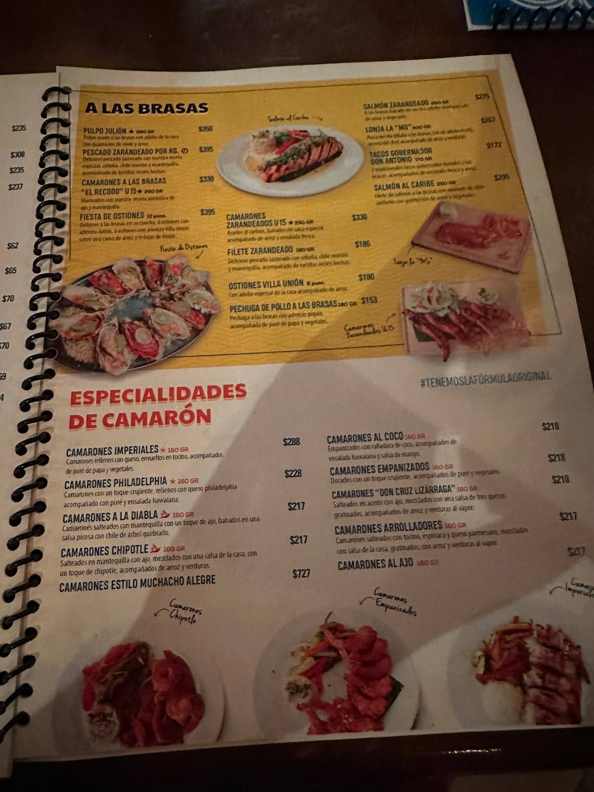 Carta del restaurante El Muchacho Alegre, Mazatlán, P.º Claussen 46-C