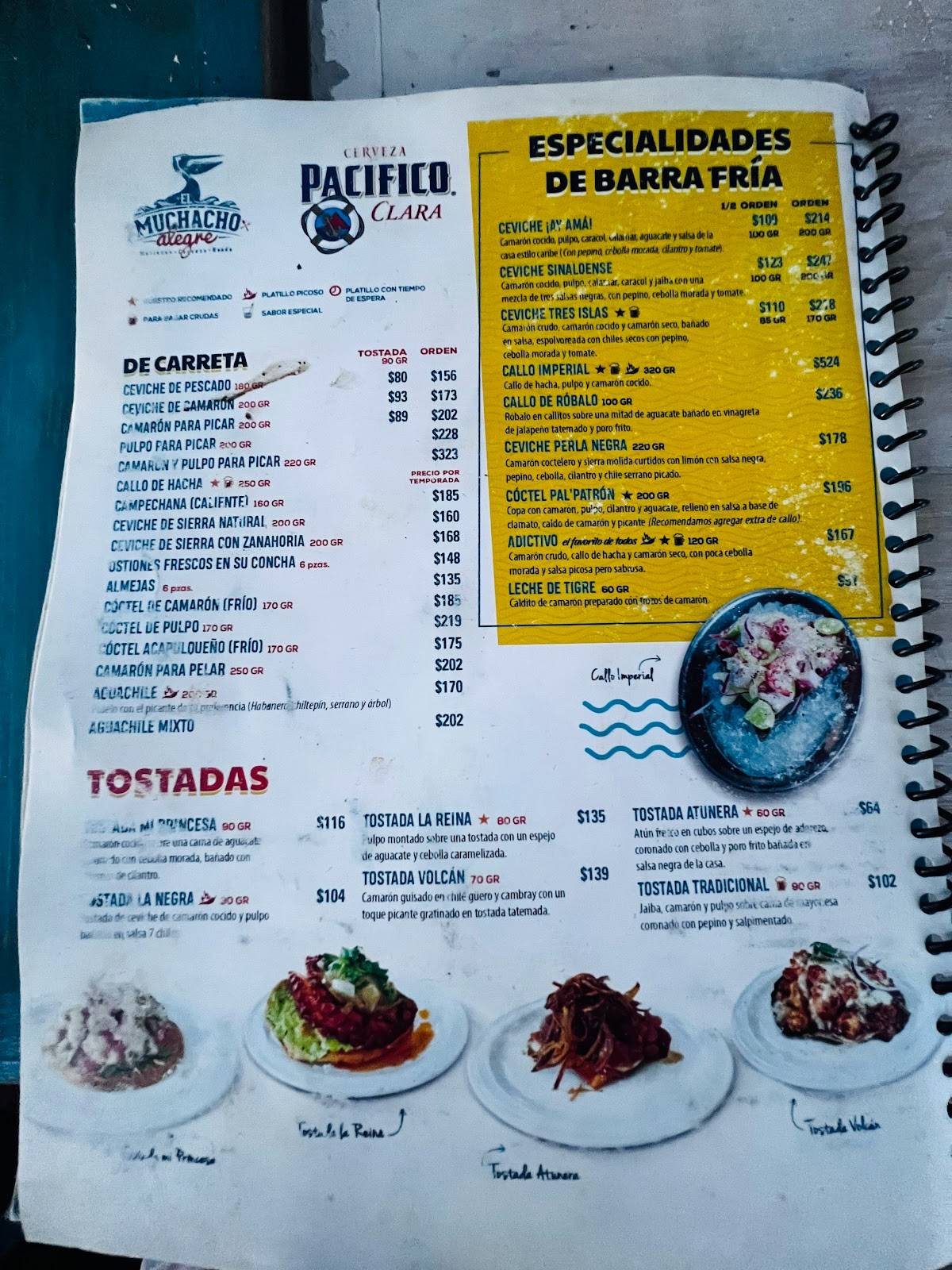 Carta del restaurante El Muchacho Alegre, Mazatlán, P.º Claussen 46-C