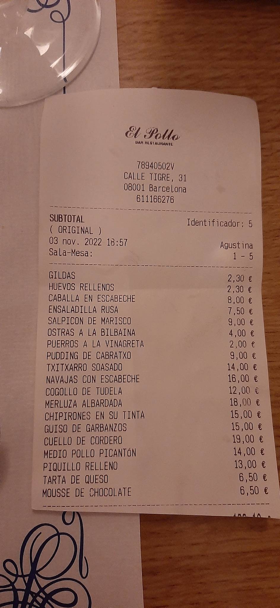 Carta del pub y bar El Pollo, Barcelona, Carrer del Tigre
