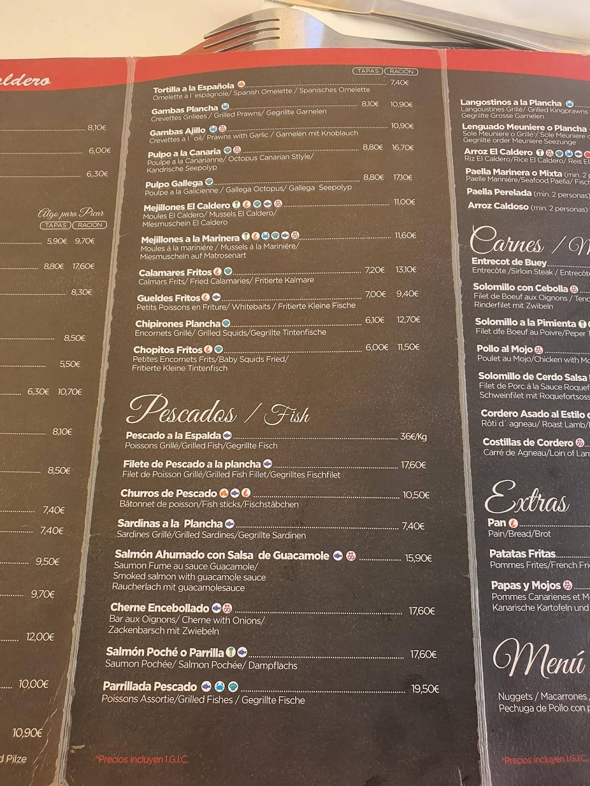 Menu at El caldero restaurant, La Caleta, C. El Cabezo
