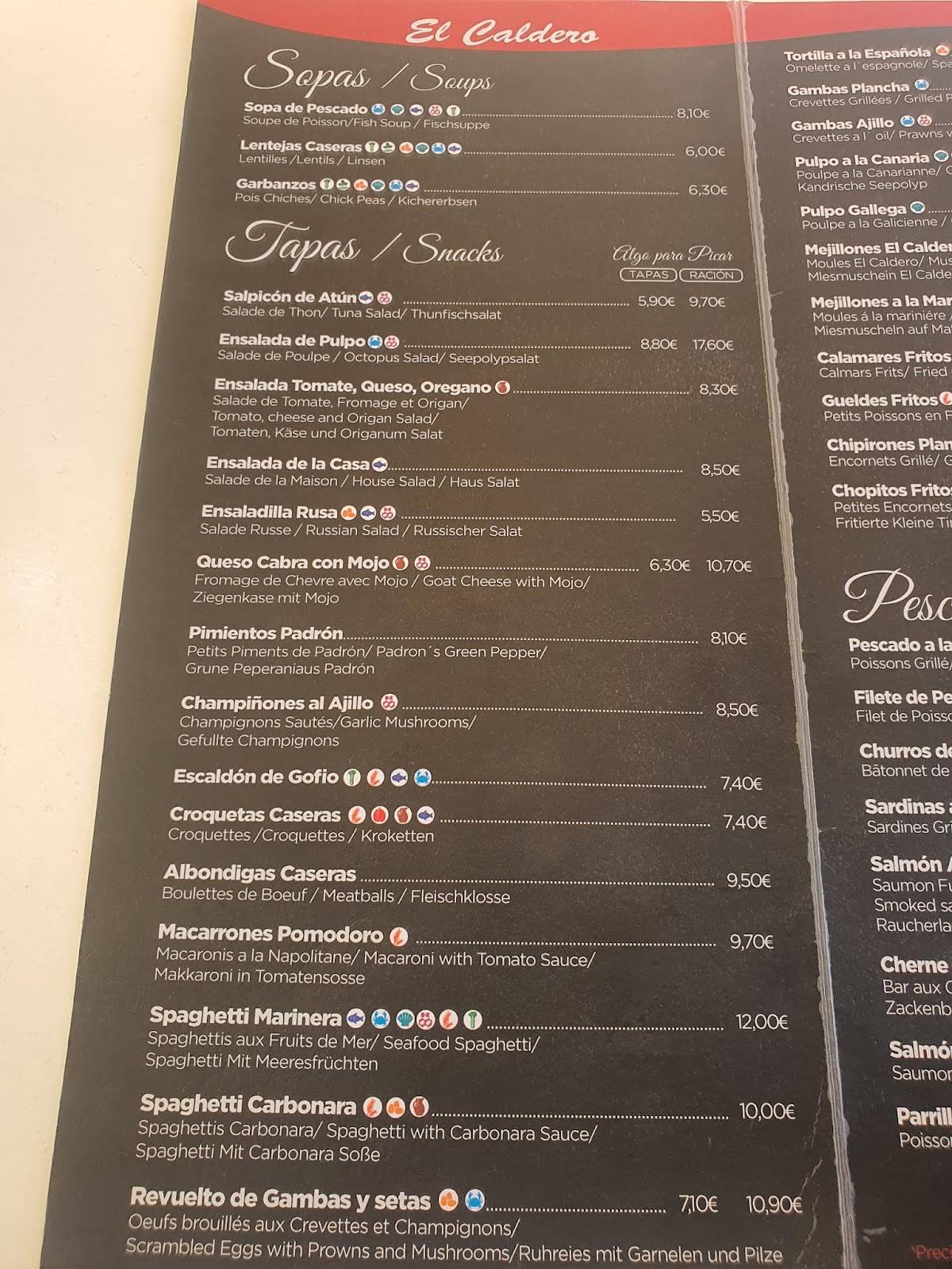 Menu at El caldero restaurant, Adeje, C. El Cabezo