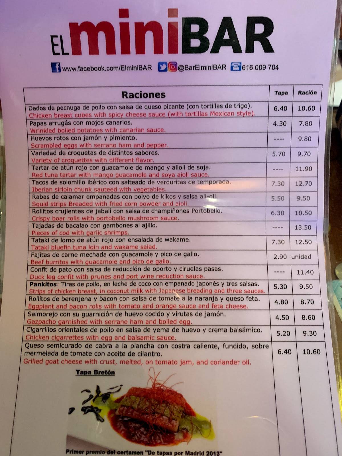 Menu at El Minibar, Madrid, C/ del Mesón de Paños