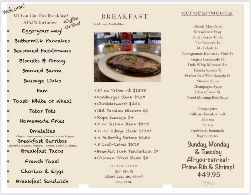 Menu at Elbow Room restaurant, Albert Lea