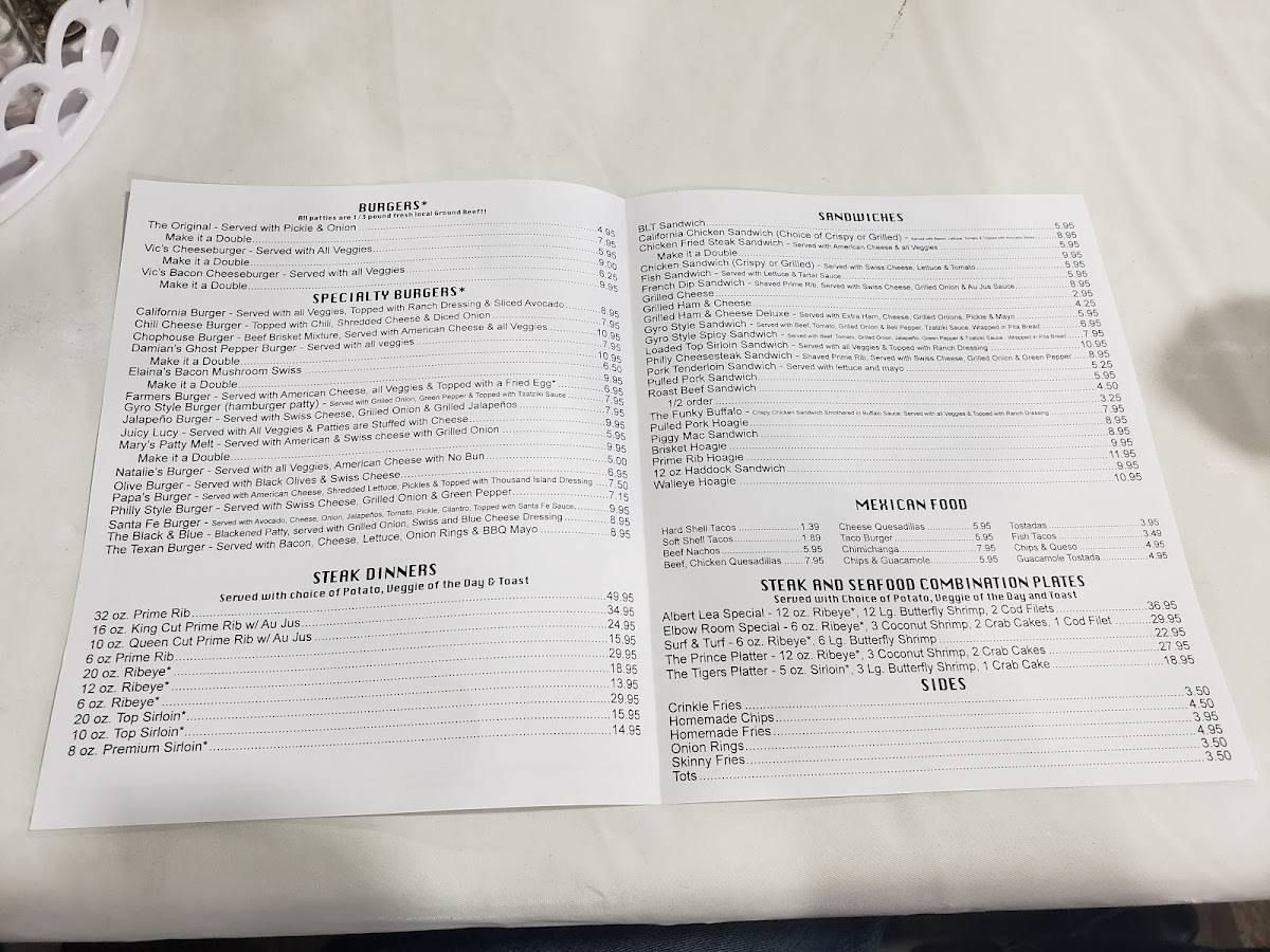 Menu at Elbow Room restaurant, Albert Lea