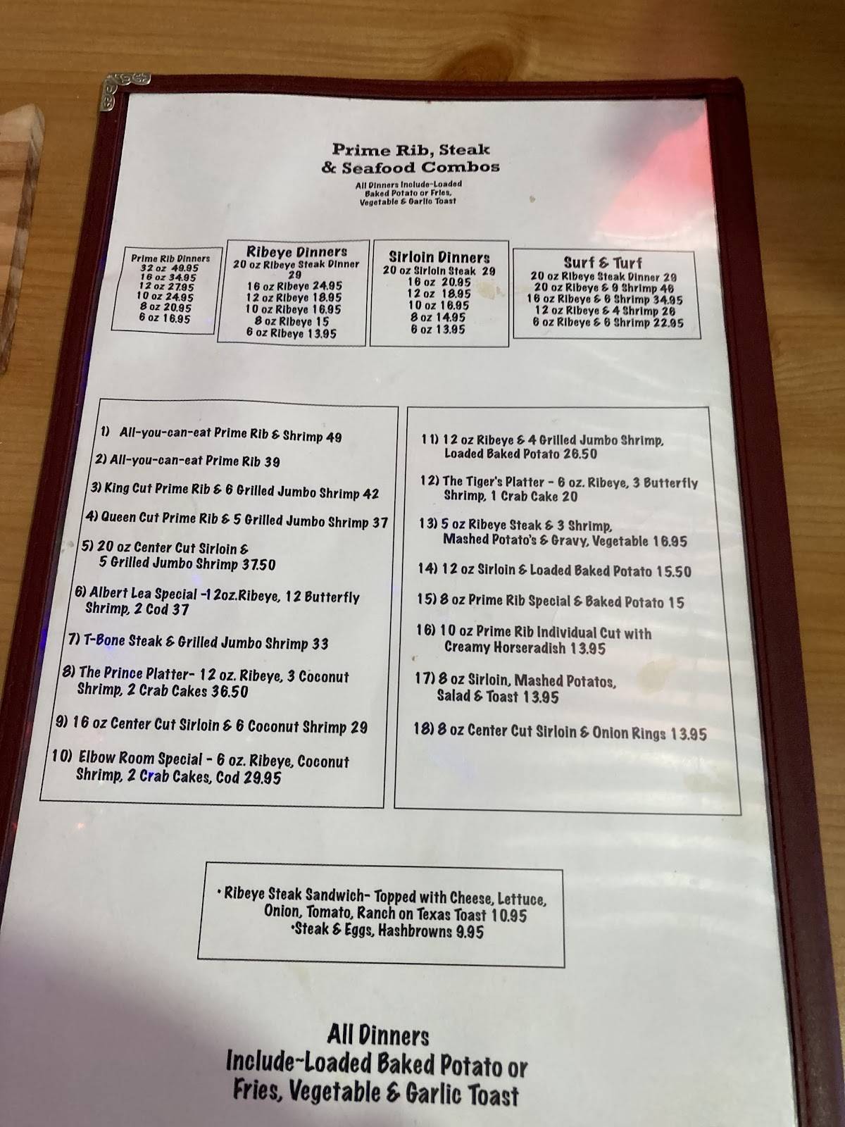 Menu at Elbow Room restaurant, Albert Lea