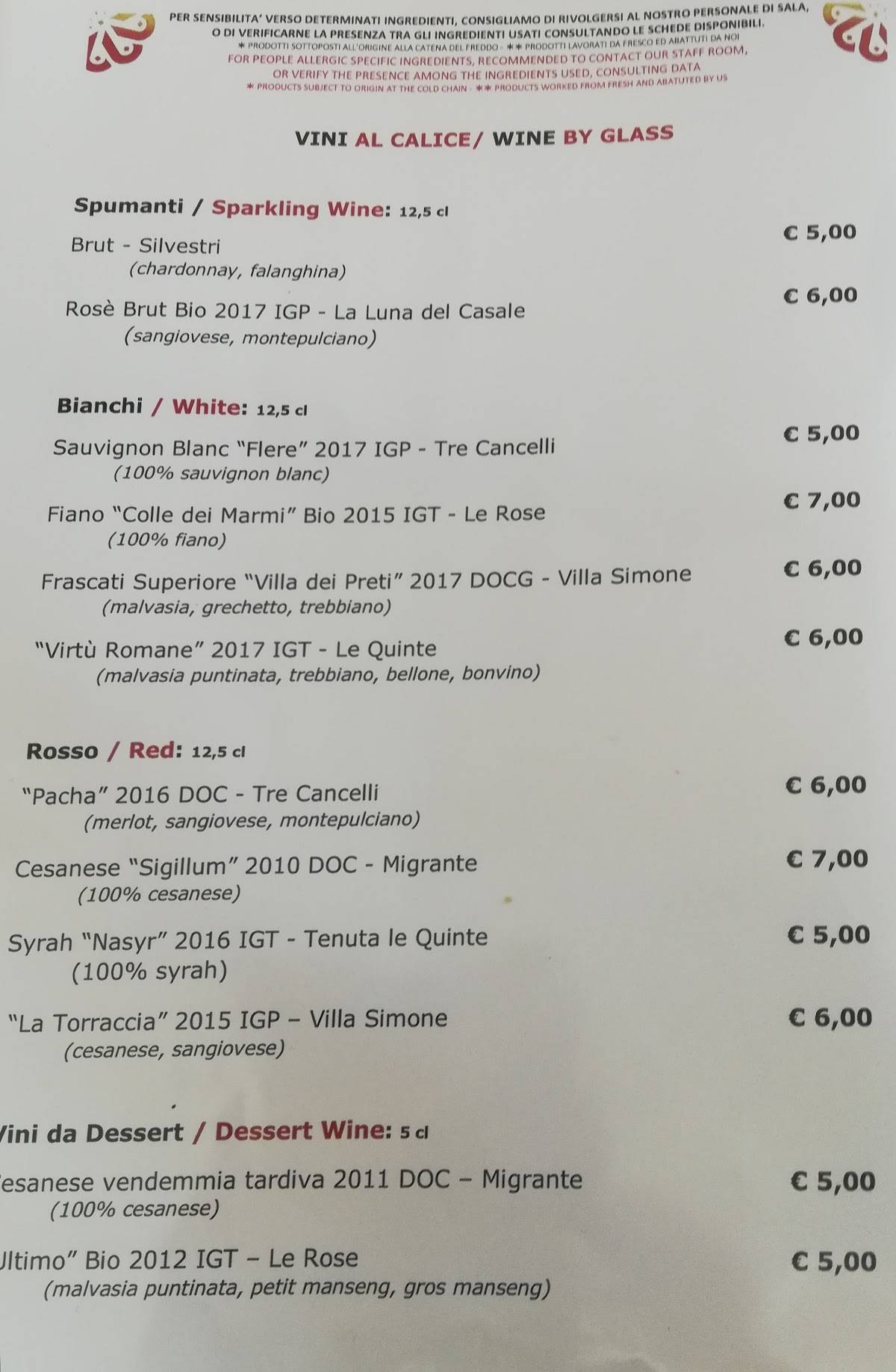 Menu da Enoteca Provincia Romana ristorante, Roma, Foro Traiano