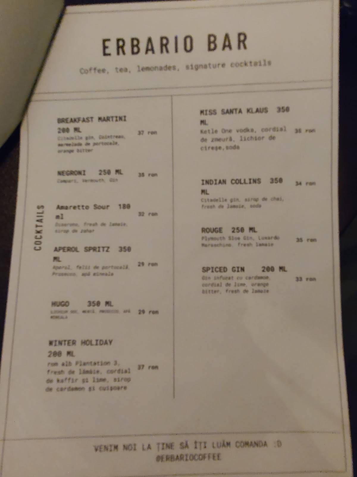 Menu at Erbario, Bucharest