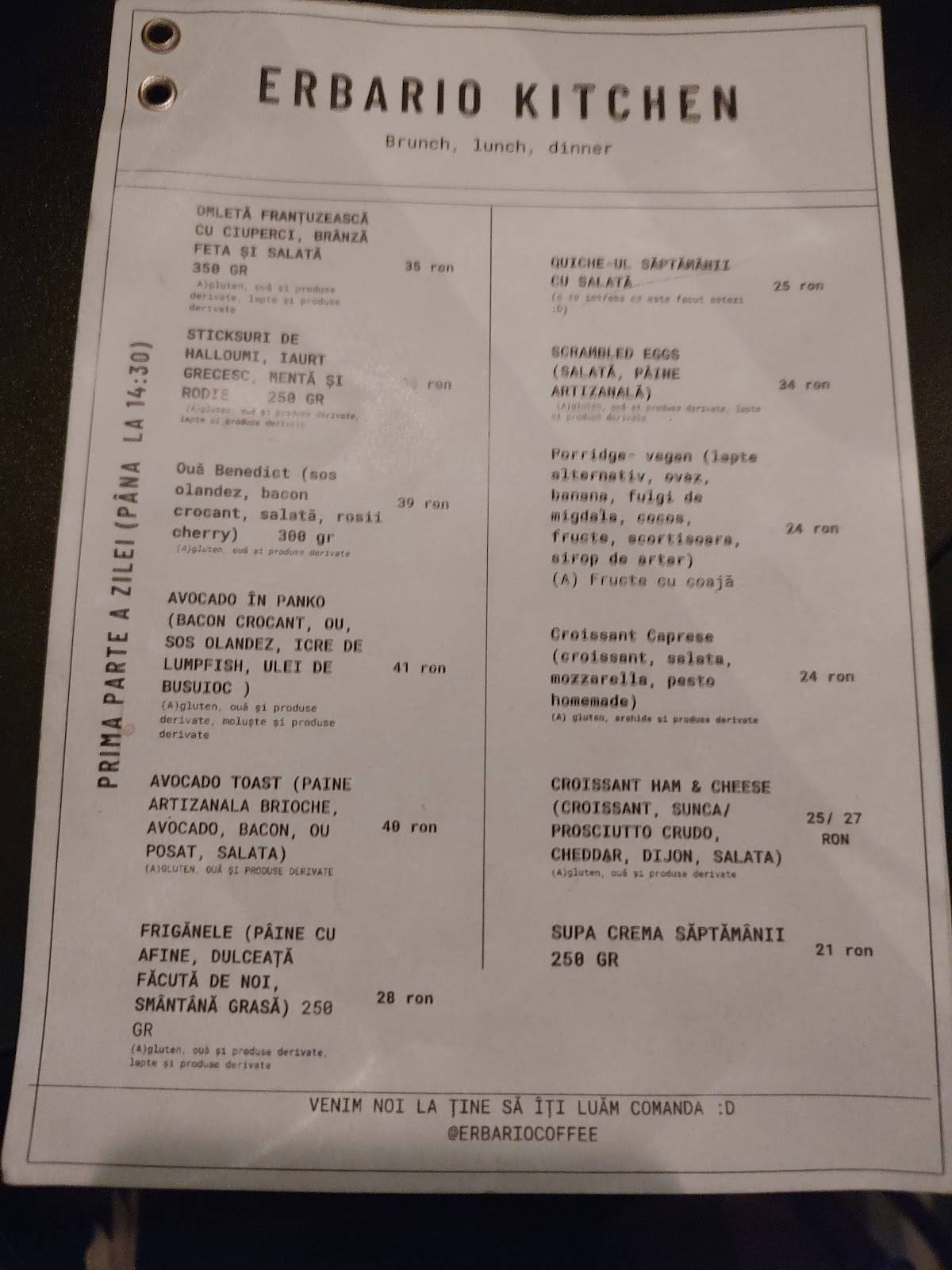 Menu at Erbario, Bucharest