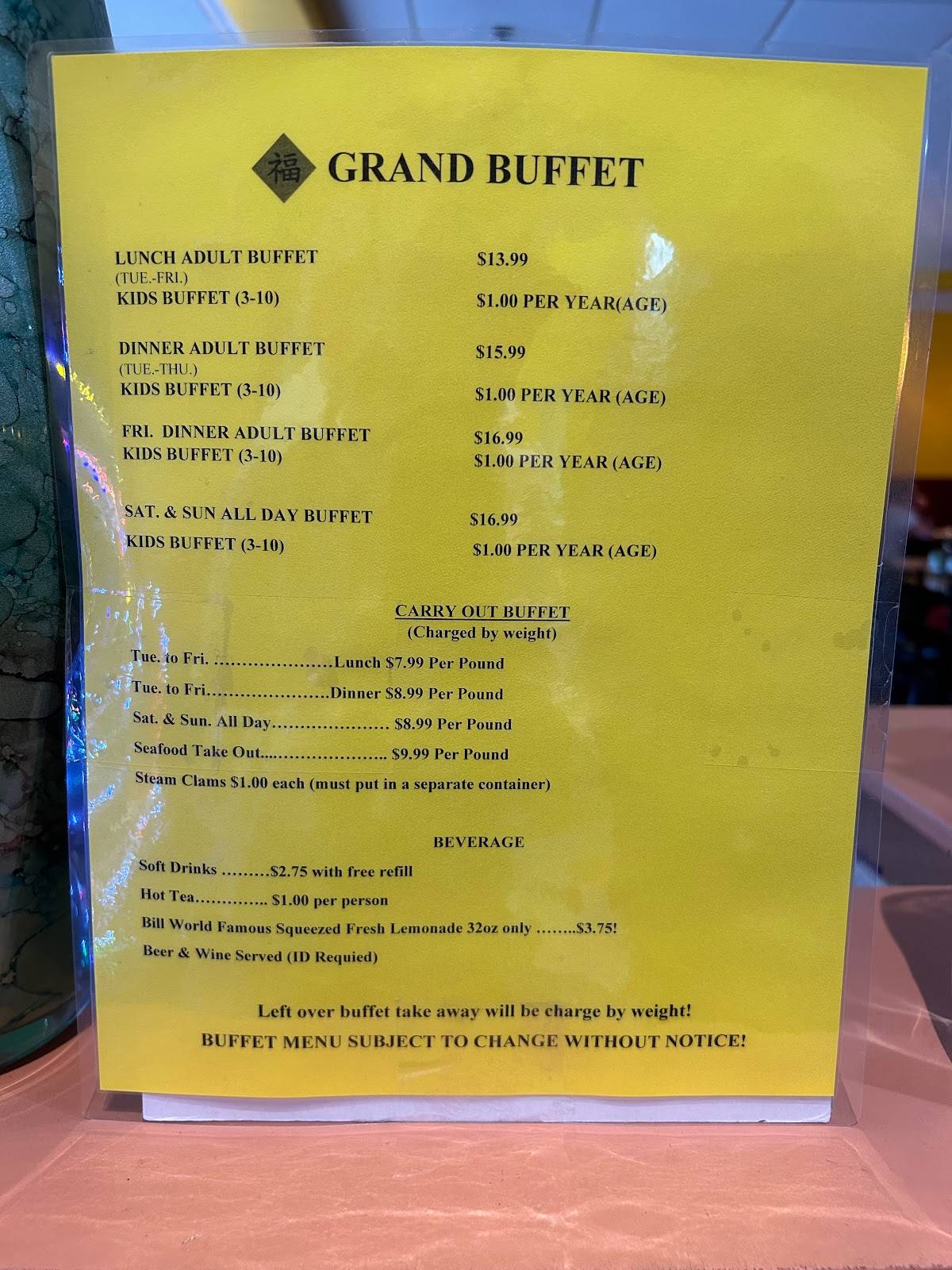 Menu at Essex Junction Grand Buffet restaurant, Essex, 66 Pearl St