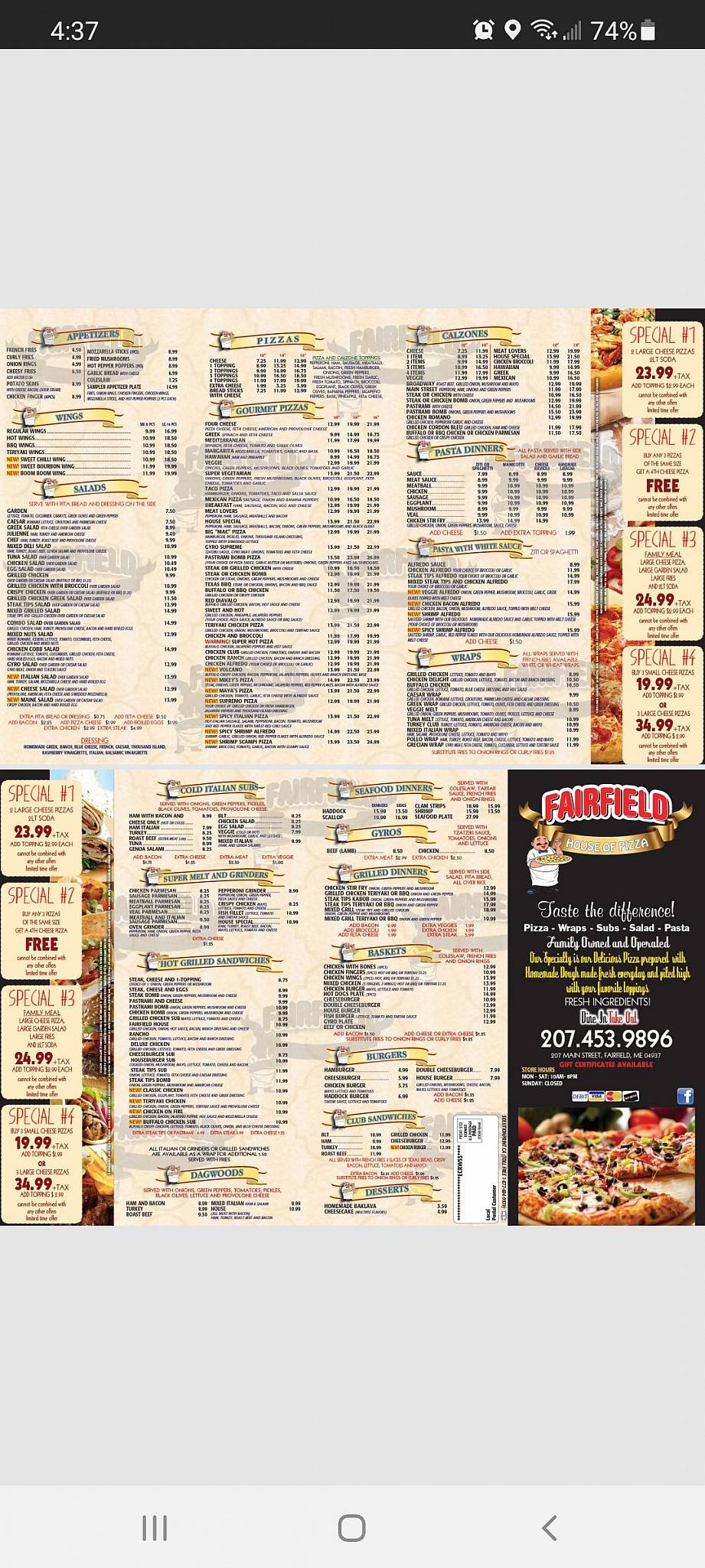 Menu at Fairfield House of Pizza pizzeria, Fairfield, 207 Main St