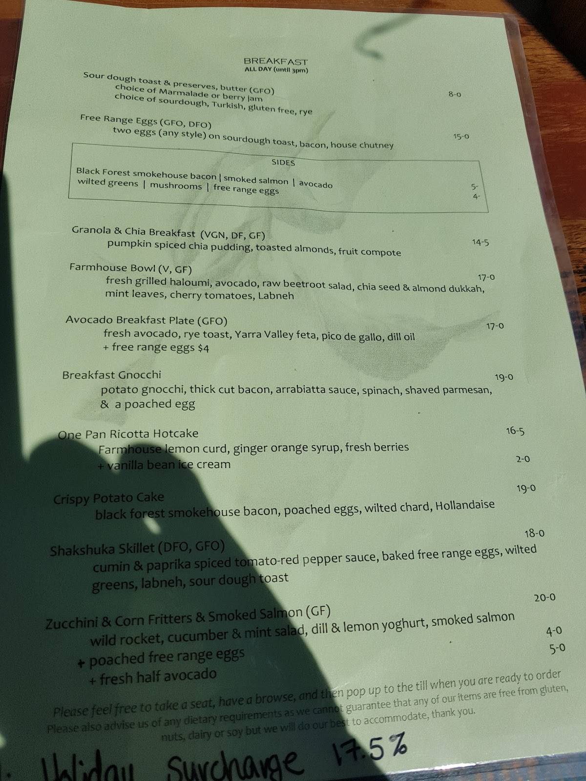 Menu at Farmhouse, Kedron Cafe, Kedron