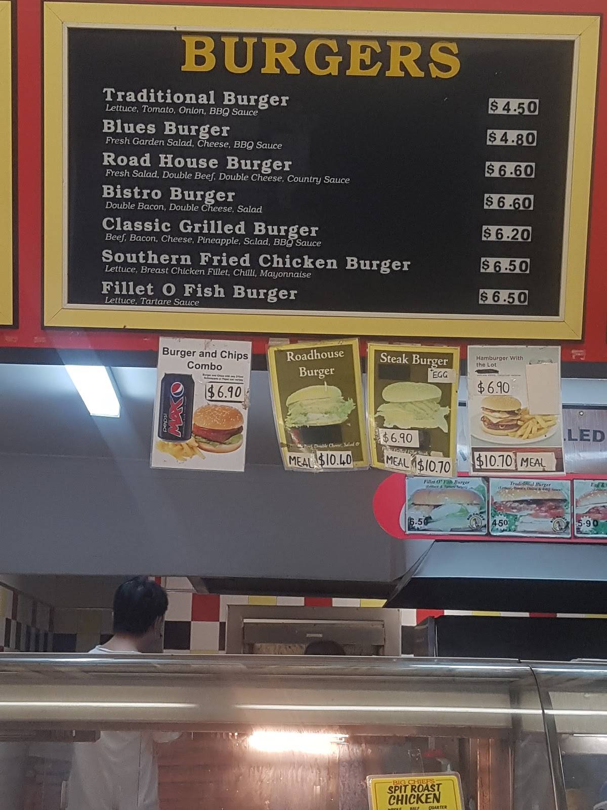 Menu at Big Chief Burgers fast food, Rooty Hill