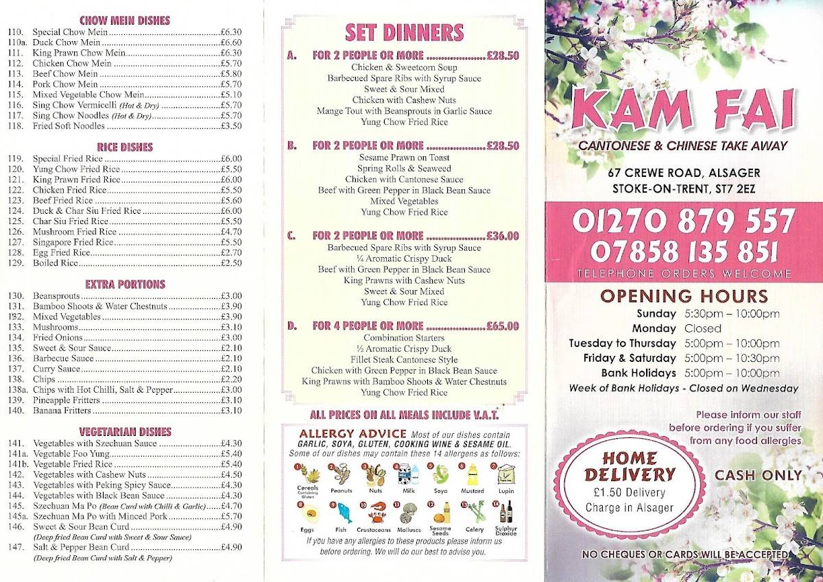 Menu at Kamfai fast food, Alsager