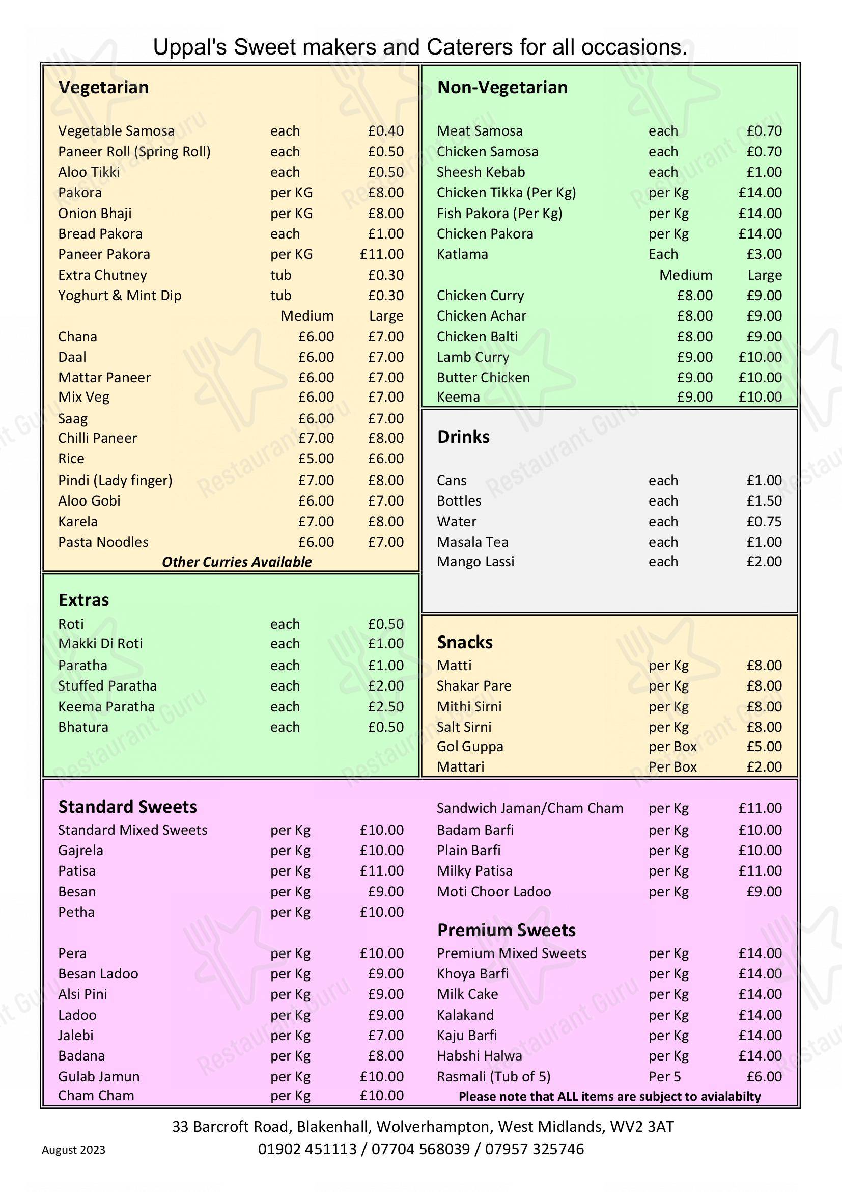 Menu at Uppal Sweet Centre Ltd fast food, Wolverhampton