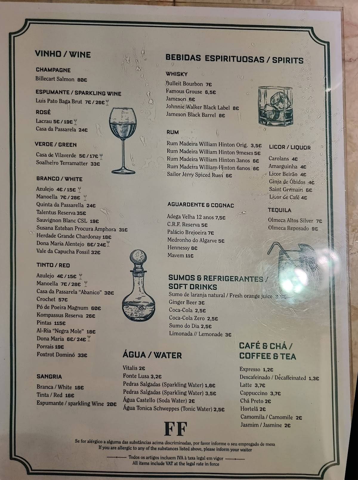 Menu at Faz Frio restaurant, Lisbon