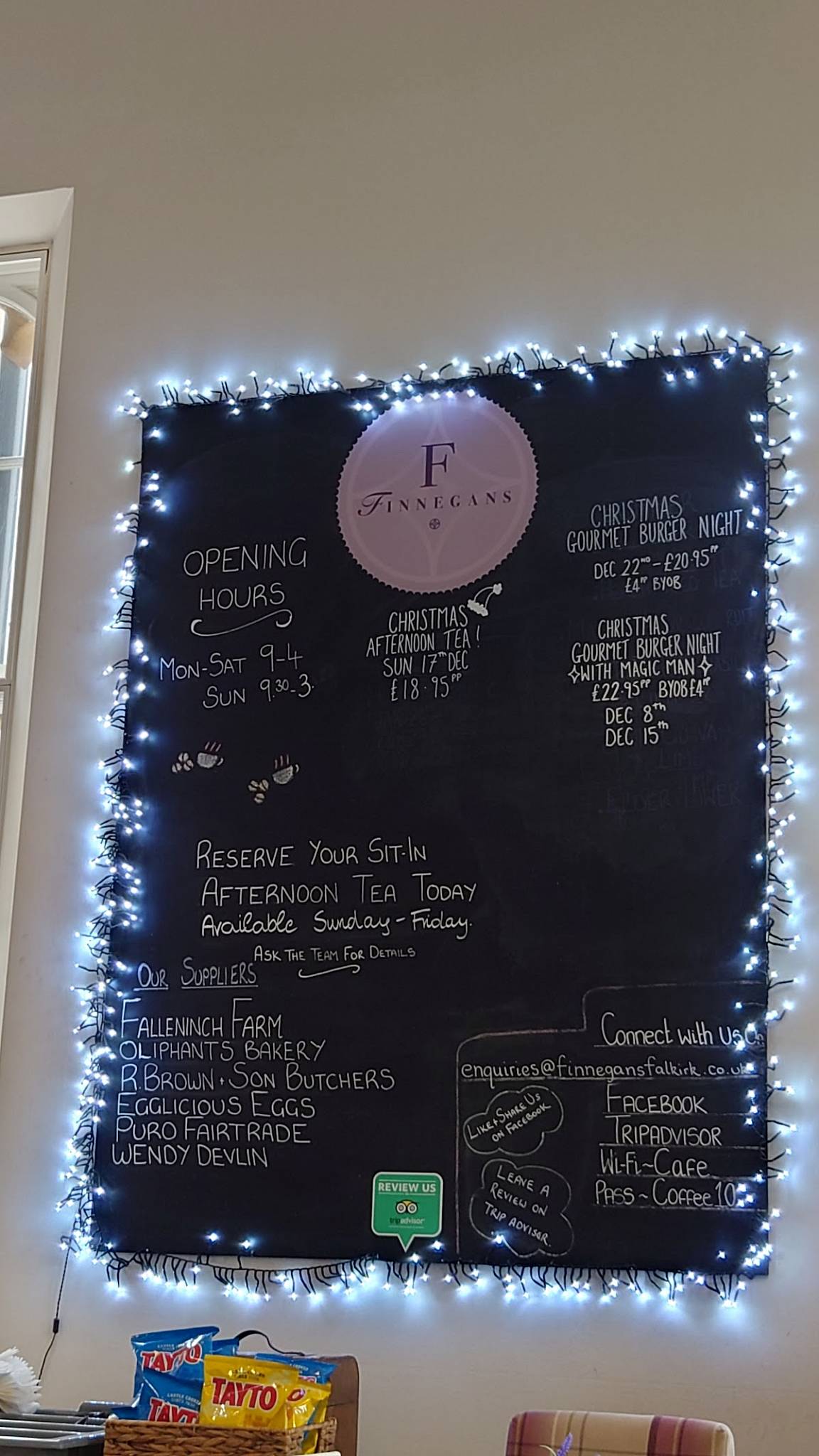 Menu at Finnegans cafe, Falkirk, 45 Vicar St