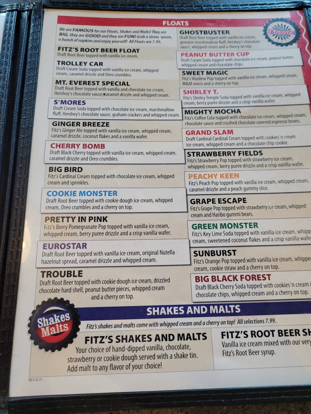 Menu at Fitz's SoCo desserts, Sappington