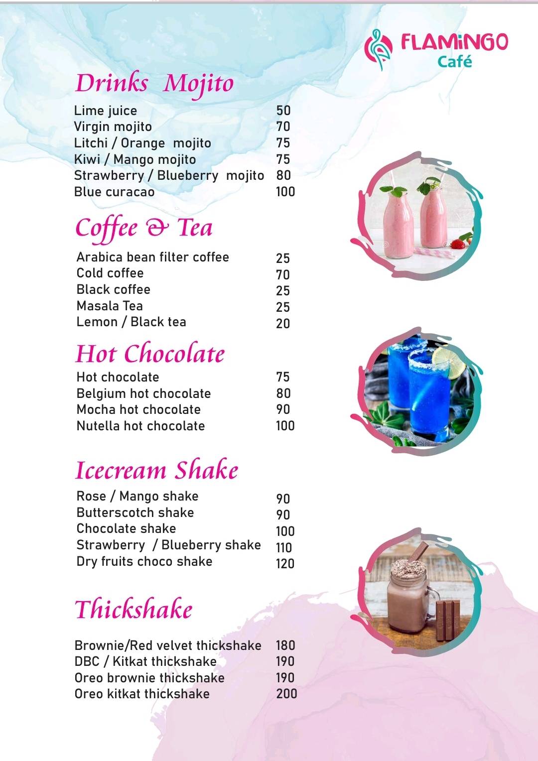 Menu at Flamingo cafe, Bengaluru