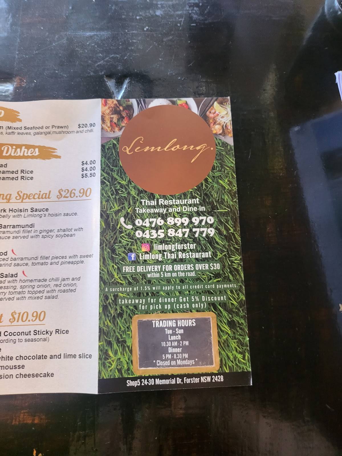 Menu at Limlong Thai Restaurant, Forster