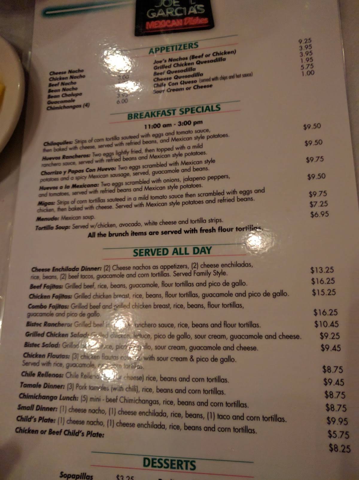 Menu at Joe T. Garcia's restaurant, Fort Worth