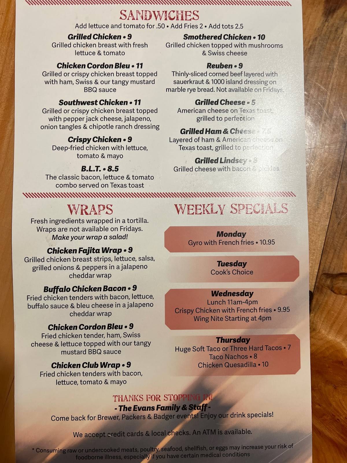 Menu at Foxy's restaurant, Briggsville