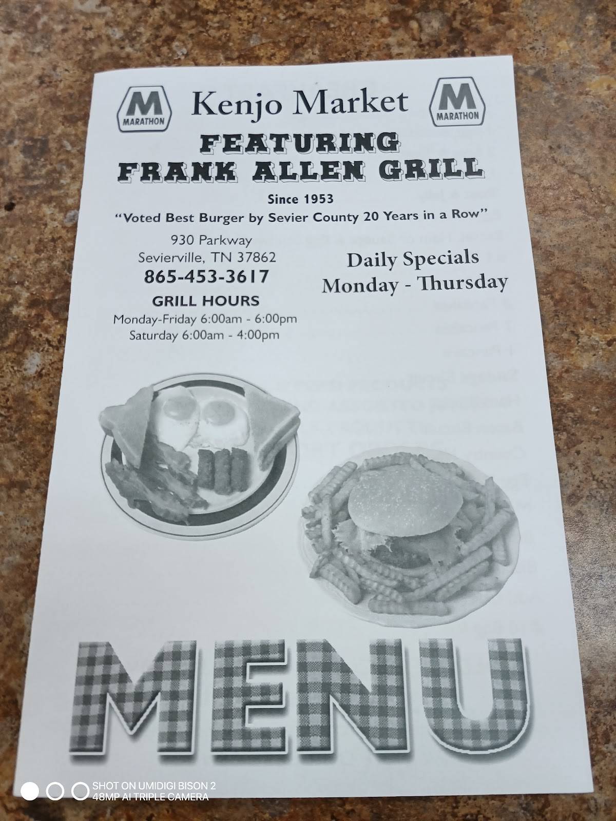Menu at Frank Allen's Market & Grill restaurant, Sevierville
