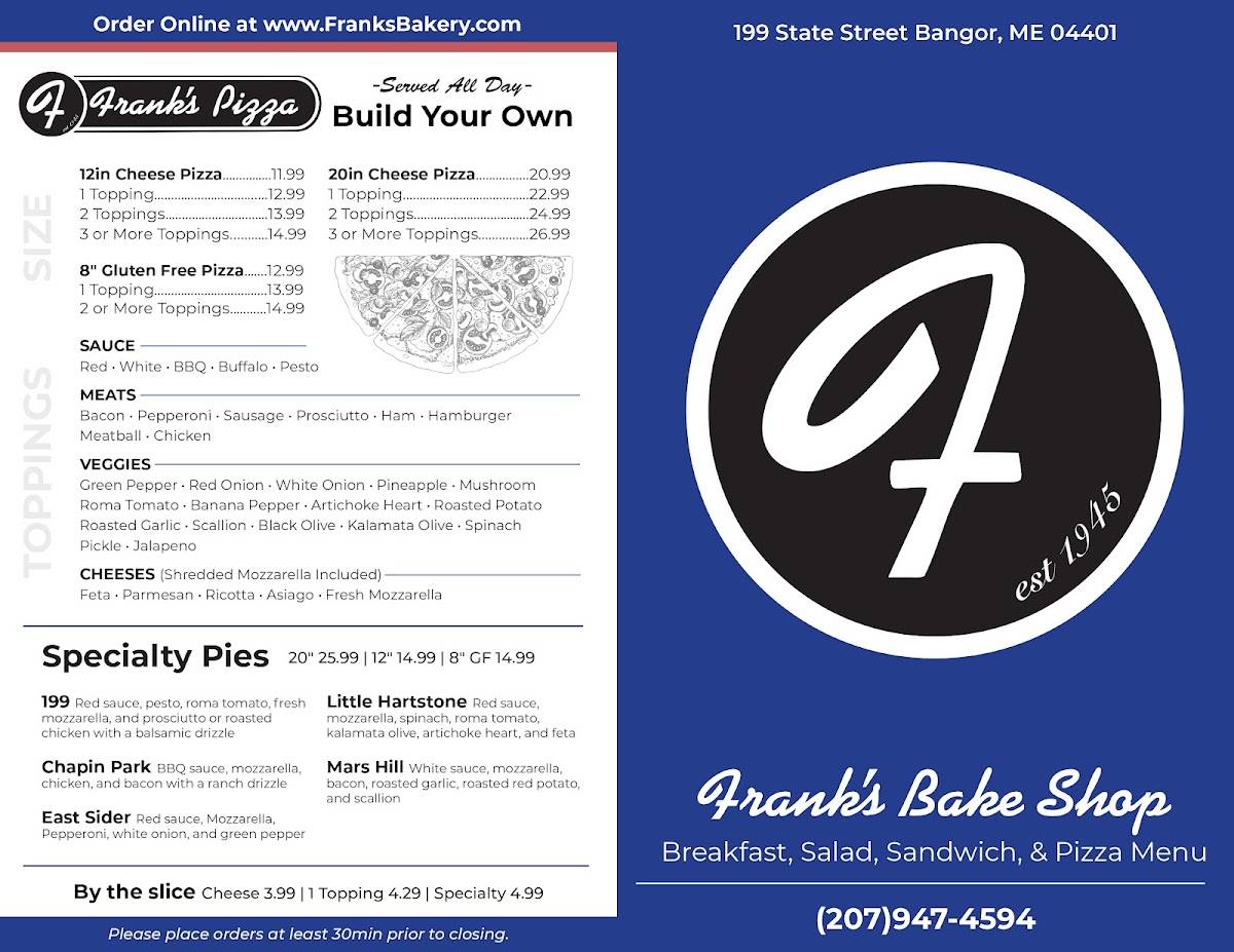 Menu at Frank's Bake Shop & Catering cafe, Bangor